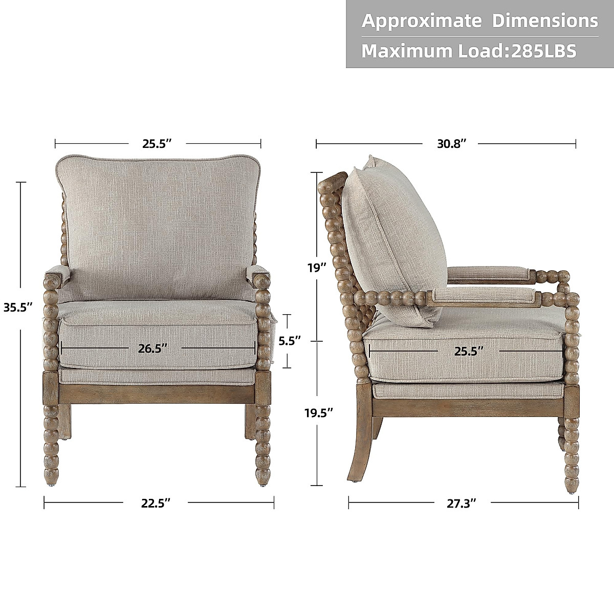 DUHOME Linen Fabric Spindle Accent Chair with Wood Frame,Modern Accent Chairs with Padded Spring Seat and Brushed White Base for Living Room Bedroom Farmhouse Home Office Belcony