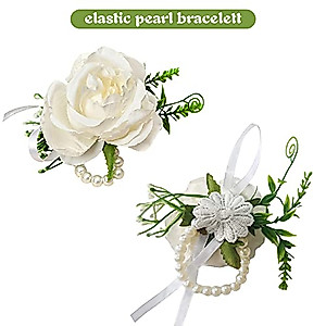 Yanmucy Corsage and Boutonniere Set Flower Wrist Corsage Bracelets for Wedding White Champagne Blue Pink Prom Corsage for Girls Boys Bridesmaid Best Men Dress Suit Decoration