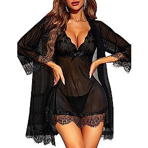 RSLOVE Women Sexy Lingerie Set 3 Piece Babydoll & Lace Kimono Robe Strap Chemise Sleepwear Mesh Nightgown Black M