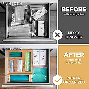 Ruhizen Food Storage Bag Organizer - Bamboo Ziplock Bag Organizer for Drawer, Countertop, or Wall Mounting - Baggie Dispenser with Gallon, Sandwich, Quart, and Snack Slots