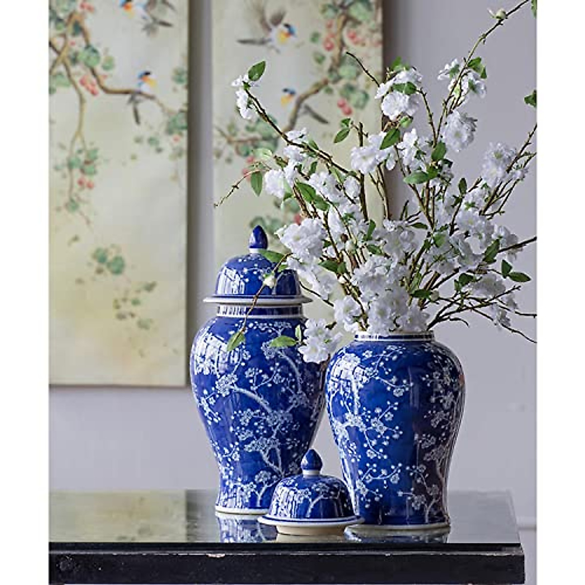 18" Porcelain Jar with Lid - Blue & White Cherry Blossom Print - Perfect for Any Room in Your Home