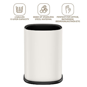 BETHEBST Open Top Metal Waste Basket, Stainless Steel Metel Garbage Can with Double Layer Bucket,4 Gallon/15 Liter