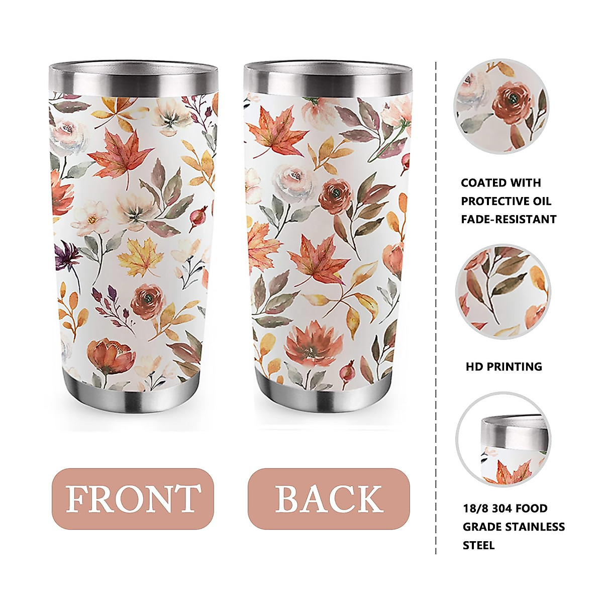 Zzkol Fall Maple Leaves Flower Tumbler with Lid and Straw, Autumn Rose Floral Stainless Steel Travel Coffee Cup, 20oz Farmhouse Double Wall Vacuum Insulated Mug Thanksgiving Gifts