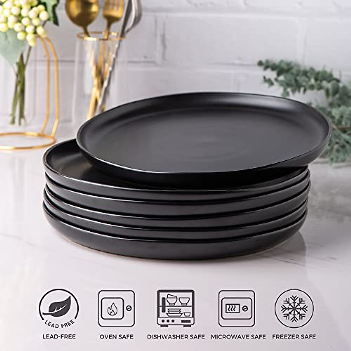 AmorArc Ceramic Dinner Plates Set of 6, Wavy Rim 10.5 Inch Stoneware Dish Set, Large Dinnerware Plates for Kitchen-Microwave&Dishwasher Safe, Scratch Resistant-Reactive Glaze Matte Black