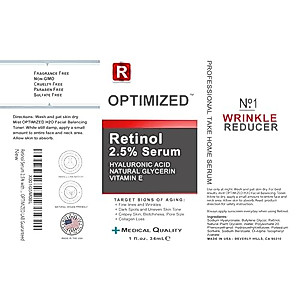 Retinol Serum 2.5% with Hyaluronic Acid, Glycerin, Vitamin E - Reduce Wrinkles, Fine Lines, Even Skin Tone, Sun Spots, Age Spots - Boost Collagen Production 1 fl oz - OPTIMIZED LAB Guaranteed