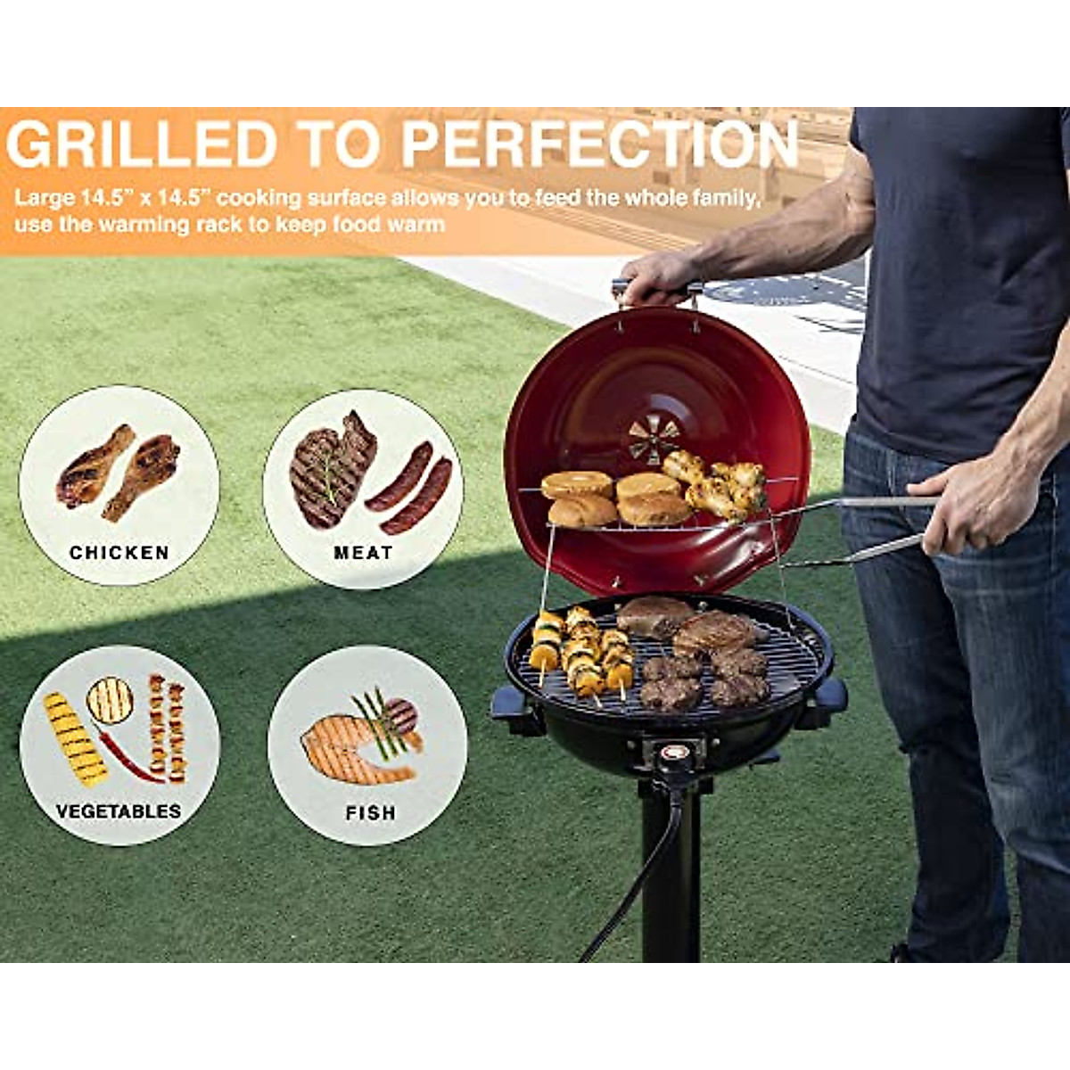 Homewell Electric BBQ Grill for Indoor & Outdoor Grilling with Warming Rack - Portable Patio Grill 1600 Watts (Red)
