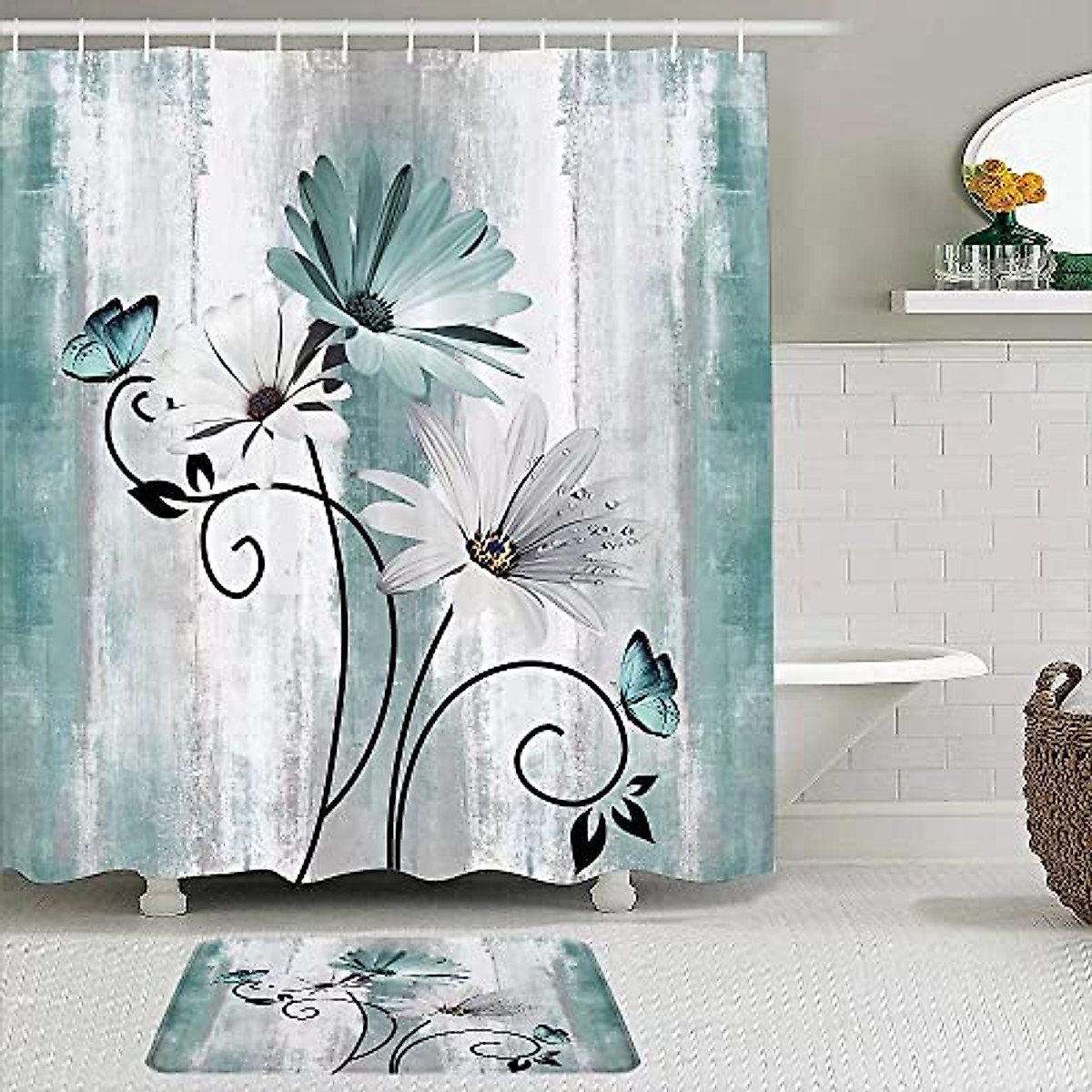 JISMUCI 2Pcs Spring Daisy Shower Curtain Set Farm Teal White Floral Flowers and Butterfly on Country Wooden with Non-Slip Rugs Bathroom Mats and 12 Hooks,Durable Waterproof Bath Curtains 72" x 72"