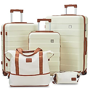 imiomo 3 Piece Luggage Sets,Suitcase with Spinner Wheels,Luggage Set Clearance for Women, Lightweight Rolling Hardside Travel Luggage with TSA Lock (Beige, 5PCS)