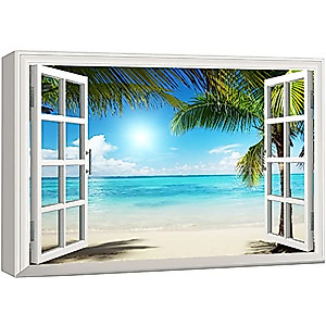 wall26 Canvas Print Wall Art Window View Landscape of Green Palm Beach Nature Wilderness Photography Modern Art Rustic Scenic Colorful Multicolor for Living Room, Bedroom, Office - 24"x36"