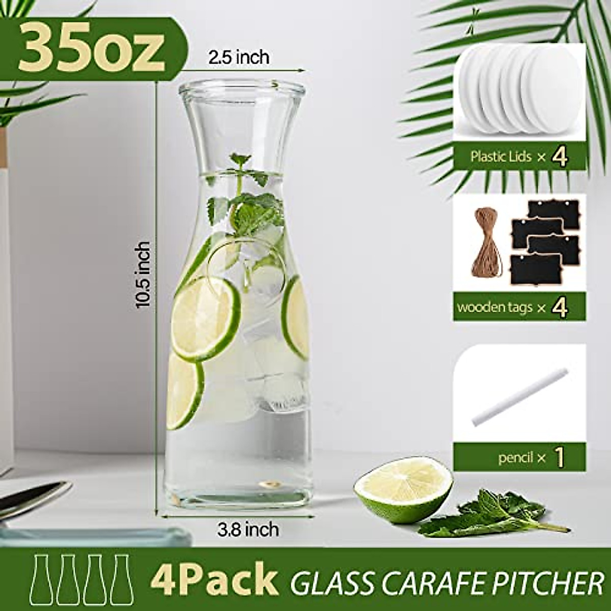 Set of 4 Glass Carafe Pitchers with Lids, Facilfeliz 1 Liter Beverage ...