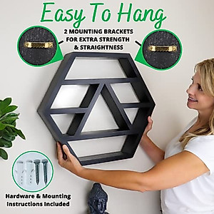Hexagon Crystal Shelf Display - Large 21" Black Geometric Altar Shelf for Crystals - Table or Hanging Wood Hexagon Floating Shelves -Boho Crystal Display Shelf & Essential Oils - Spiritual Decor Gifts