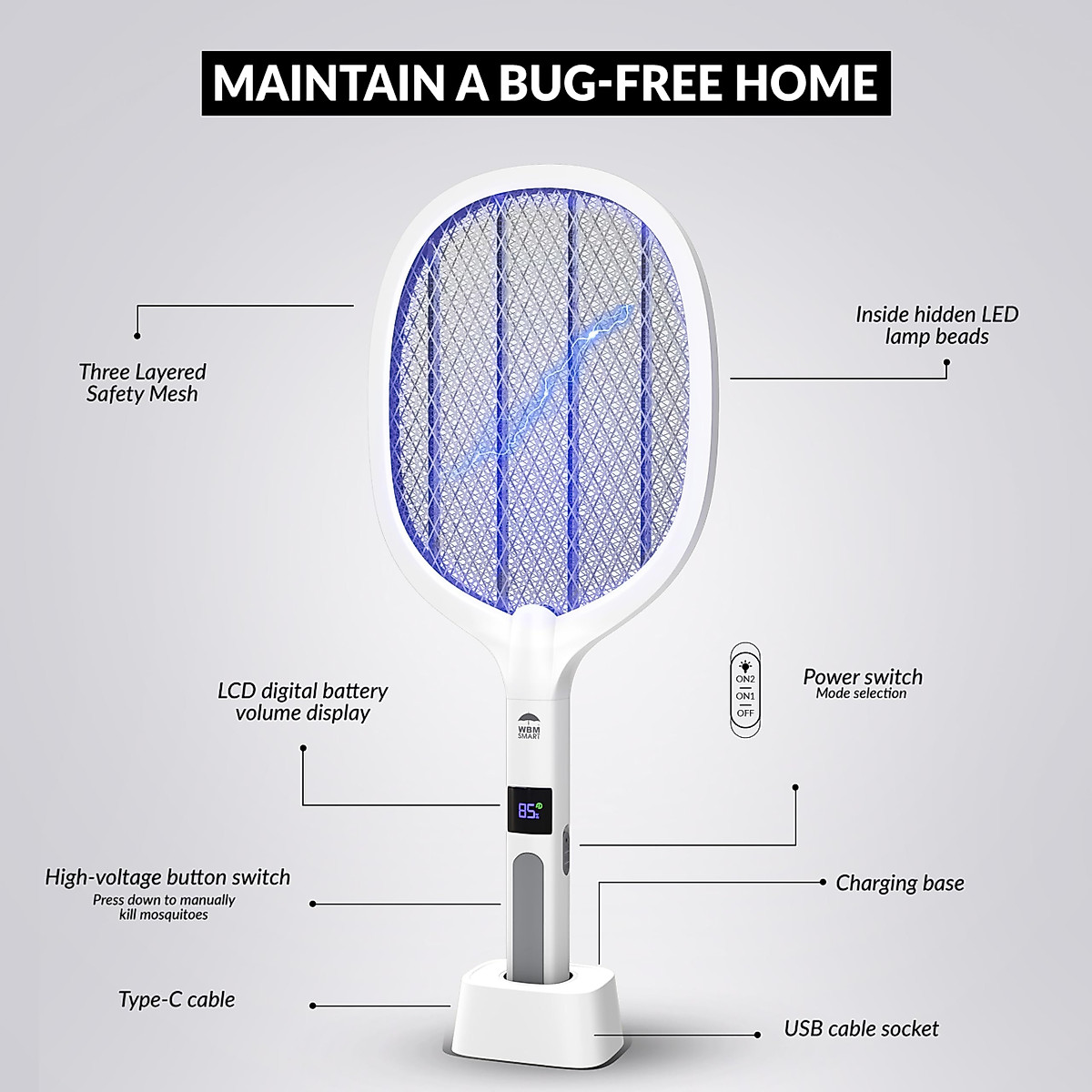 WBM SMART 2 in 1 Electric Bug Zapper, Mosquitoes Trap Lamp & Racket, USB Rechargeable Electric Fly Swatter for Home and Outdoor Powerful Grid 3-Layer Safety Mesh Safe to Touch, Pack of 2
