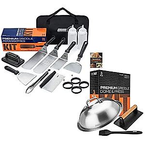 OUII Flat Top Griddle Accessories Set for Blackstone and Camp Chef Griddle 14 Pieces Set & 12 Inch Heavy Duty Round Basting Cover Cheese Melting Dome with Cast Iron Burger Bacon Press & Basting Brush