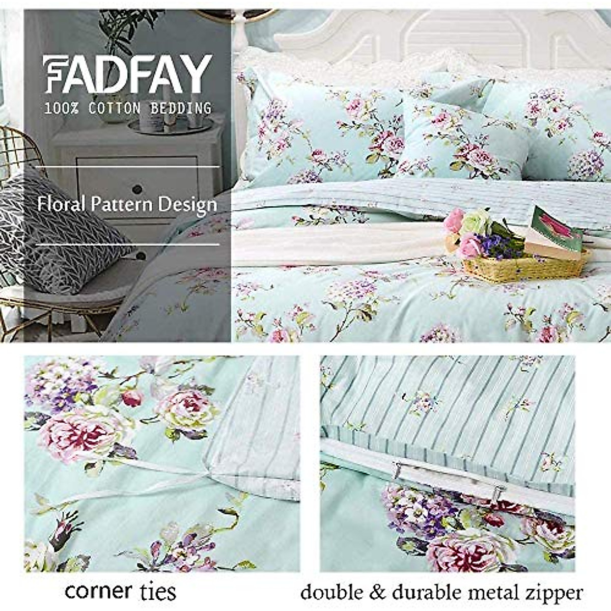 FADFAY Floral Duvet Cover Queen 100% Cotton Blue Green Farmhouse Bedding Super Soft Reversible Striped French Country Bed Cover Purple Hydrangea and Peony Print Zipper Comforter Cover 3 Pieces