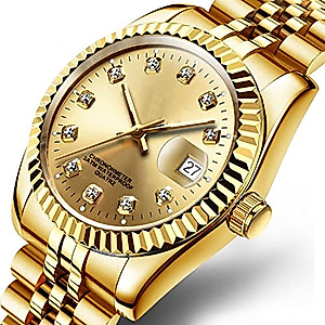 SENRUD Men's Fashion Classic Design Analog Quartz Watches Casual Business Stainless Steel Waterproof Date Wrist Watch Men (Gold)