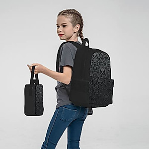 Carlonge Black Skull Gothic School Backpack for Boys Girls Teen 3 Pieces Set Cute School Bag with Lunch Bag Pencil Case, One Size