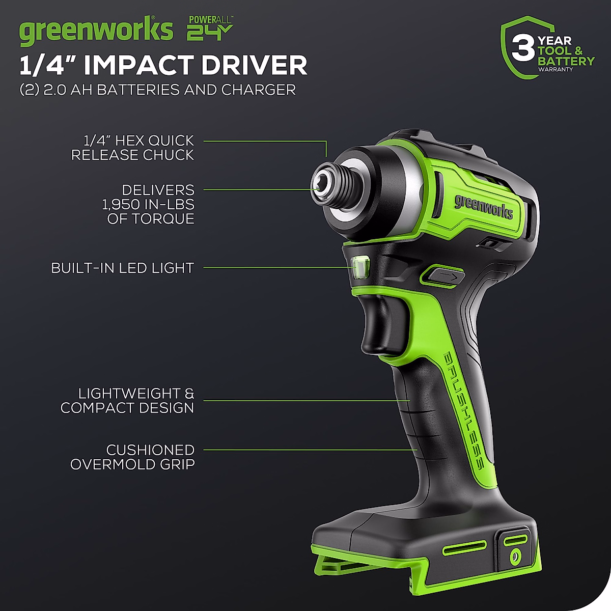 Greenworks 24V Brushless Cordless Impact Driver Kit, 1950 in./lbs Torque, 1/4'' Hex Collet, Variable Speed, 2×2Ah Batteries with 2A Charger, LED Light, 8pcs Drill/Driver Bits with Tool Bag
