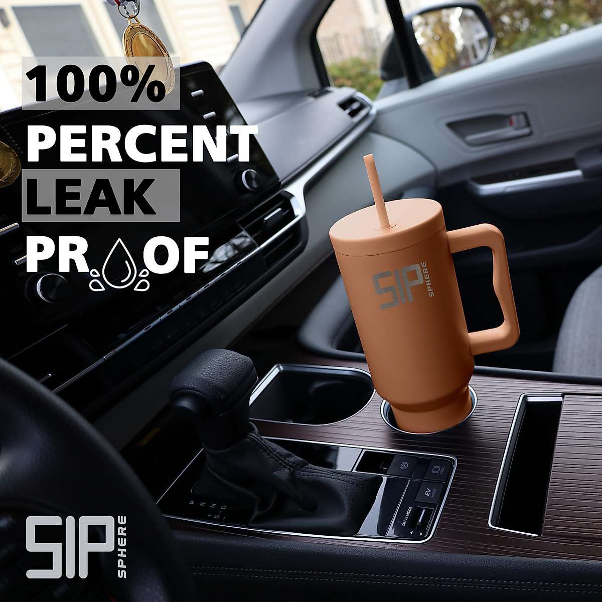 SIP SPHERE Tumbler 40oz Insulated Travel Mug with 2 Straws Double Wall Vacuum Insulated Car Cup Keeps Drinks Hot & Cold (Brown)