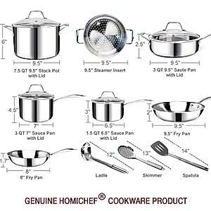 HOMICHEF 14-Piece Nickel Free Stainless Steel Cookware Set Whole-Clad 3-Ply - Mirror Polished Pots And Pans Set - Healthy Cookware Set With Steamer - Non-Toxic Induction Cookware Sets