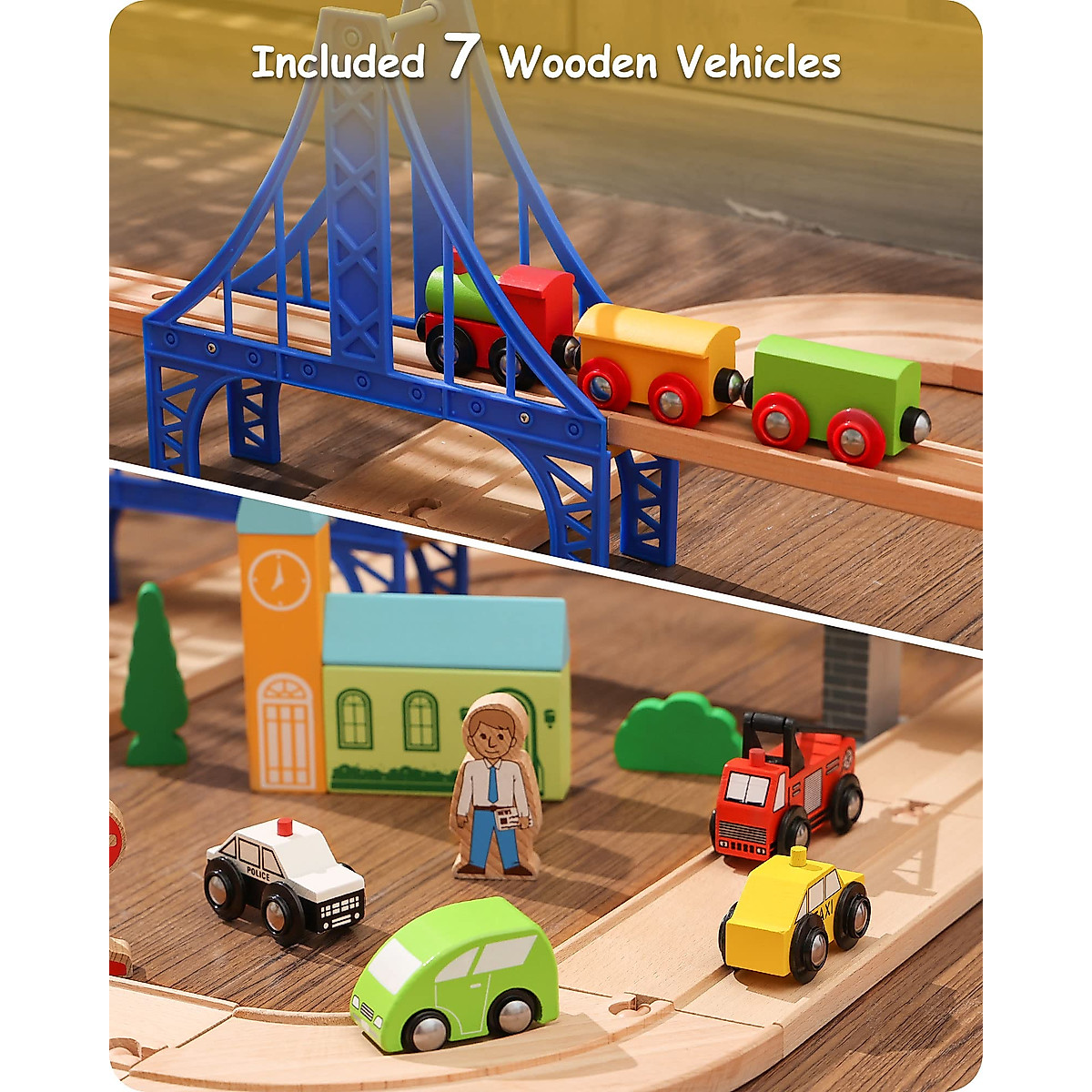 SainSmart Jr. Wooden Train Set 60pcs for Toddlers, Wood Highway and Train Track with More Cars Fits Brio, Thomas, Melissa and Doug for 3 4 5 Years Old Boys and Girls