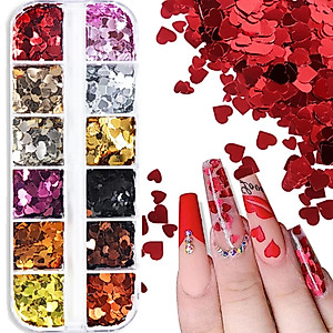 12 Grid 3D Love Heart Holographic Nail Art Sequins Valentine's Day Nail Supplies Valentine Heart Nail Glitters Sequins Heart Nail Acrylic Decorations DIY Nail Beauty Accessories for Women Girls