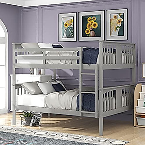 Voohek Full Over Full Bunk Bed with Ladder, Wood Bedframe Full-Length Guardrail for Kids, Teens, Bedroom, Home Furniture, No Box Spring Required, Gray
