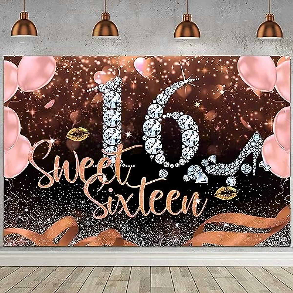 Happy Sweet 16th Birthday Backdrop Balloons High Heel Diamond Banner Backdrop Decorations for Girls Rose Gold Bokeh Sweet 16 Party Supplies Sweet Sixteen Birthday Background Photo Booth Props