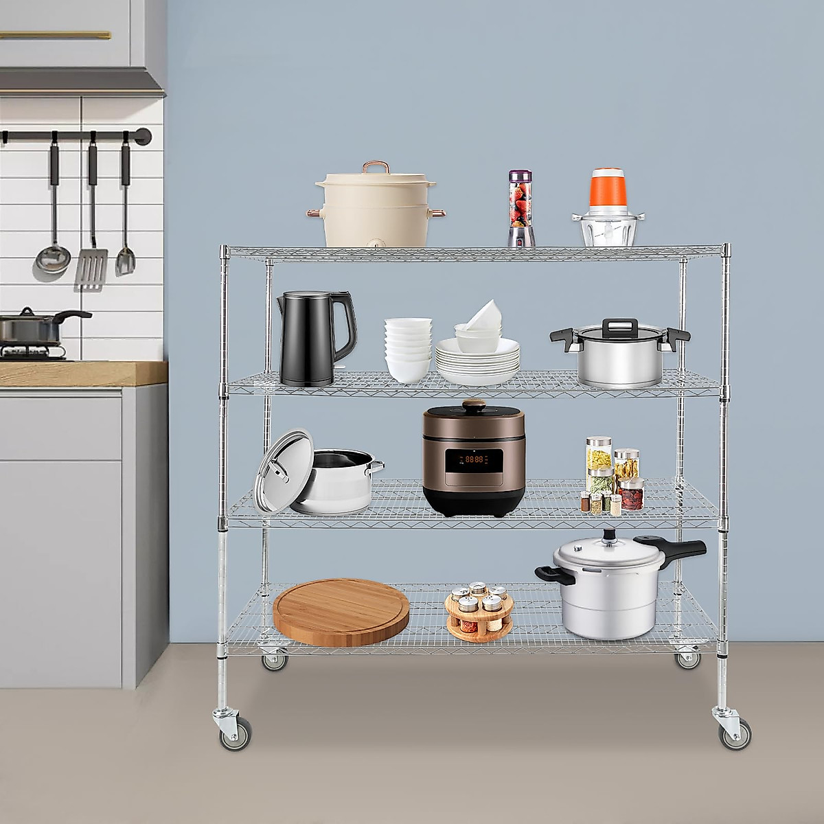 Adjustable Storage Shelves with Wheels, Wire Shelving Unit with Wheels, Metal Shelves for Storage, Pantry Shelves for Kitchen, 4 Tier Metal Shelving, Storage Rack Load 1760LBS, 60" L x 24" W x 58" H