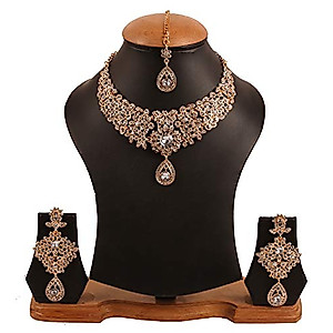 Touchstone NEW Indian Bollywood Charming Look Fine Filigree Sparkling Rhinestones Designer Jewelry Necklace Set In Gold Tone For Women.