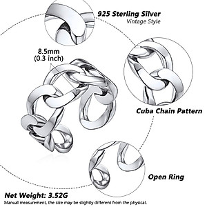 Silvora S925 Link Chain Open Ring, Sterling Silver Ring for Women Statement Engagement Enhancers Ring Engraving Customized Personalized (Send Gift Box)