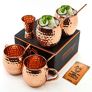 Moscow Mule Cups Set of 4 | 100% Pure Copper Food Safe 16oz Copper Cups with 4X Copper Straws and 1x Copper Jigger - Premium Moscow Mule Mugs