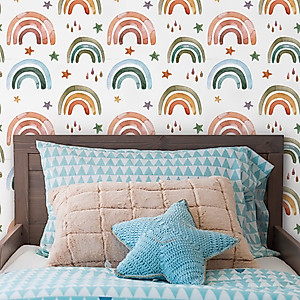 AMAZING WALL Home Peel and Stick Boho Watercolor Rainbow Stars Printed Living Room Pattern Wallpaper Self Adhesive Bedroom