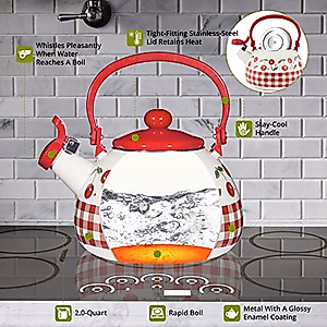 Whistling Tea Kettle for Stove Top Enamel on Steel Teakettle, Supreme Housewares Cherry Design Teapot Water Kettle Cute Kitchen Accessories Teteras (2 Quart, Cherry)