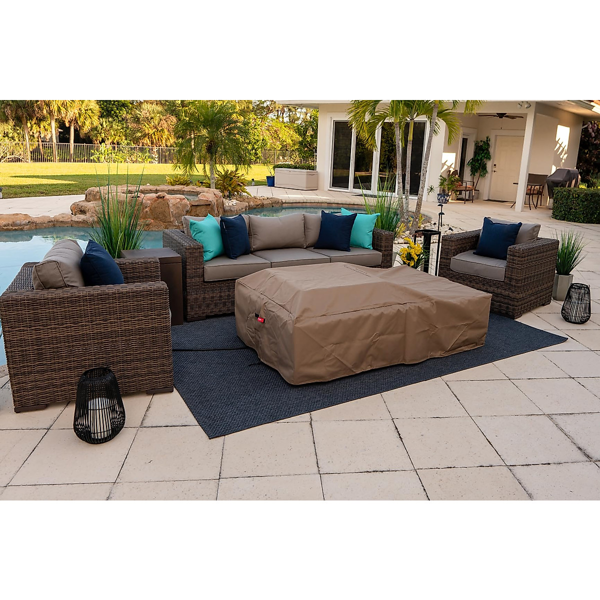 65" Rectangular Concrete Gas Fire Pit Table with Glass Guard and Fire Glass (Espresso Brown)