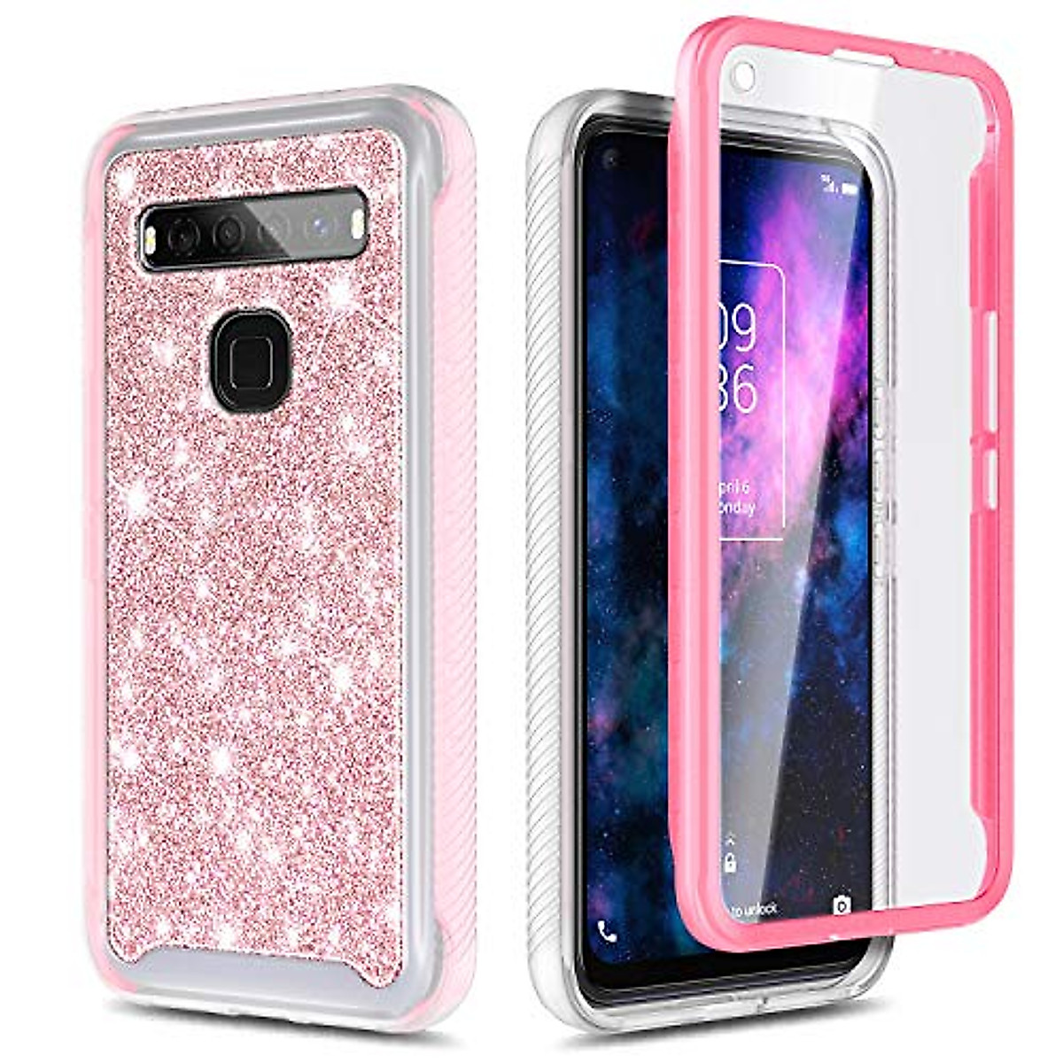 NZND Case for TCL 10 5G UW (Verizon) with Built-in Screen Protector, Full-Body Protective Shockproof Matte Rugged Bumper Cover, Impact Resist Durable Phone Case (Glitter Rose Gold)