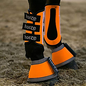 HORZE High-Visibility Reflective Neoprene Horse Bell Boots for Nighttime Horseback Riding - Orange - L