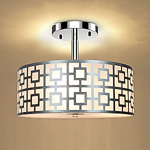 DLLT Semi Flush Mount Ceiling Light, 3-Light Modern Entry Light Fixture Ceiling Hanging with Drum Shade for Bedroom, Dining Room, Kitchen, Hallway, Entry, Living Room, Brushed Chrome Finish