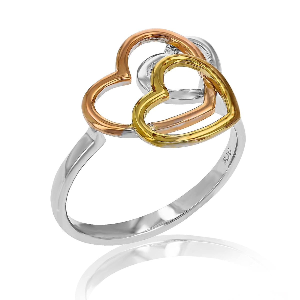 VIR JEWELS Fashion Heart Ring 3 Hearts Trio Color Pink and Rose Gold Plated Sterling Silver Size 9