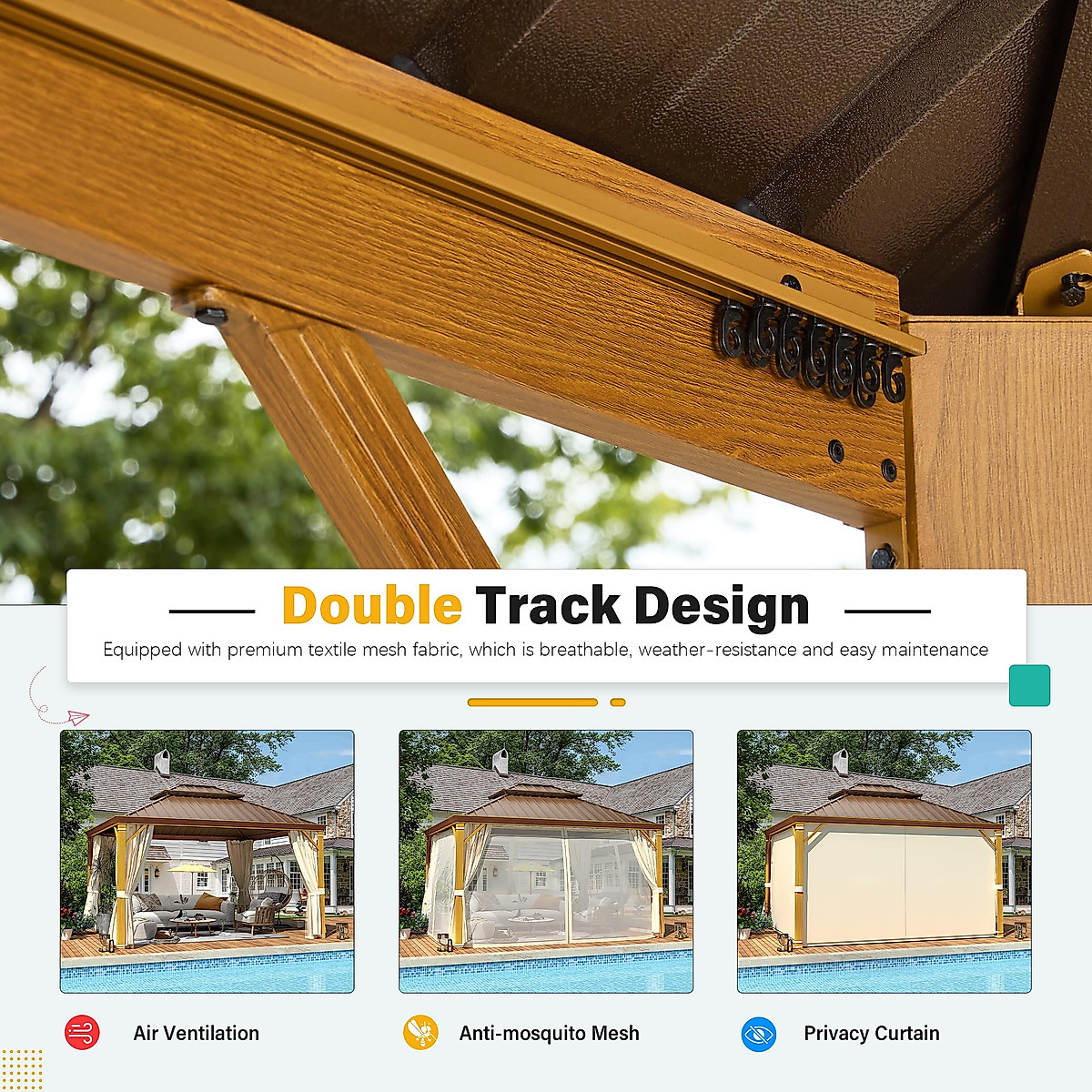 Hardtop Gazebo 12' x 14' W/Steel Double Roof, Anti-Rust Coating Aluminum Frame Permanent Outdoor Waterproof Pavilion w/Curtains & Netting, Hard Top Gazebo for Patio Backyard Garden Lawn Deck Parties