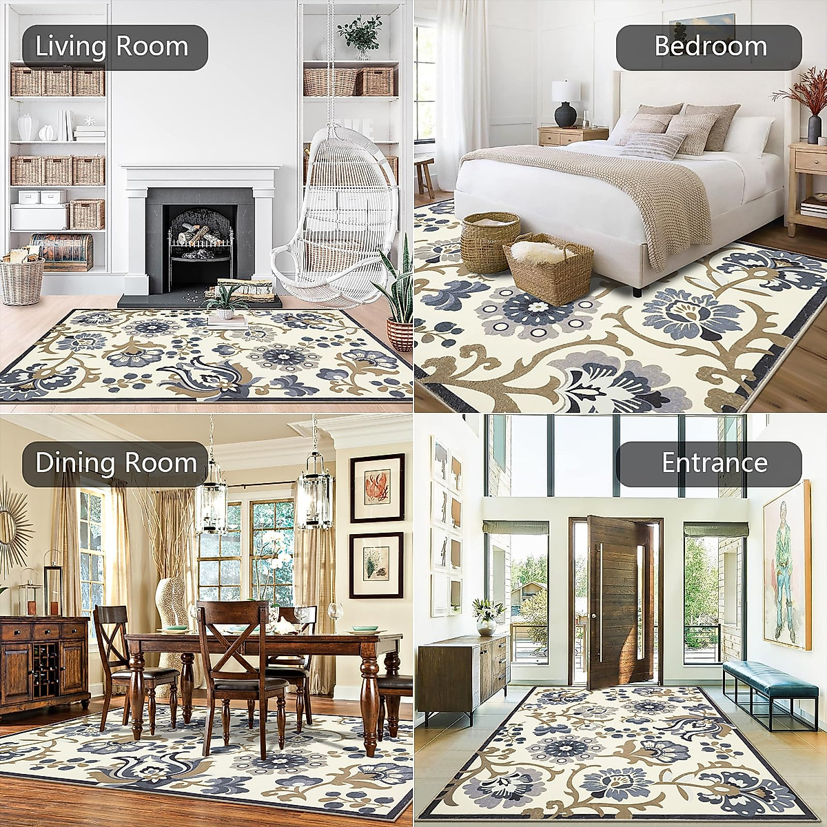 HEBE Floral Area Rug 5'x7’ Large Living Room Rug Boho Rugs for Bedroom Non Slip Washable Dining Room Mat Soft Throw Rug Indoor Floor Carpet for Nursery Kids Room Entryway