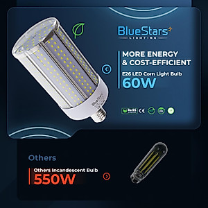 BlueStars Super Bright 60W E26 LED Corn Light Bulbs E26 Medium Base 4200 Lumens (550W Equivalent) Cool White 5000K, for Homes, Outdoors, Commercial, Warehouses, Garage & Backyard Lighting
