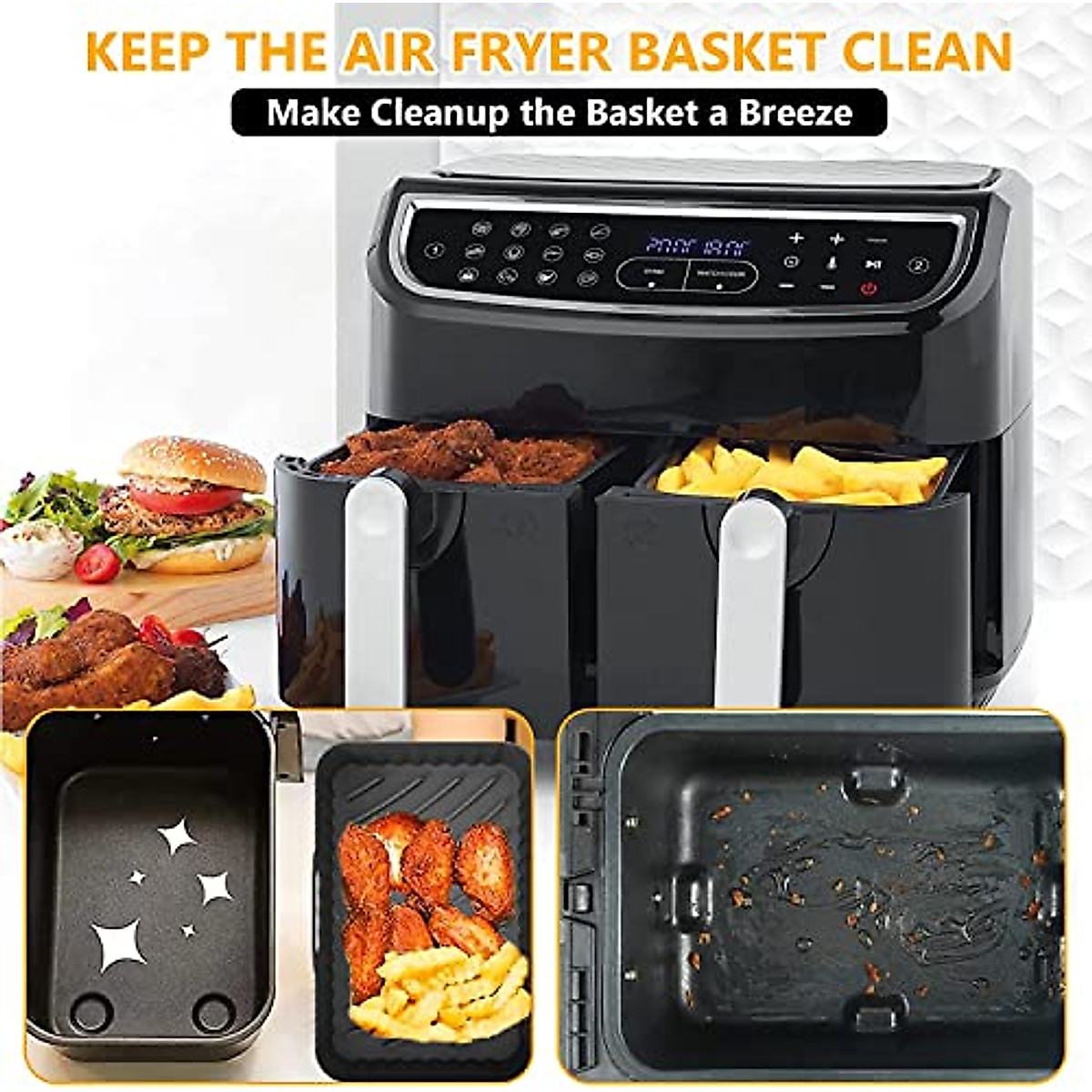 Air Fryer Silicone Pot, Moleath 2Pcs Rectangular Air Fryer Liners Reusable Silicone Air Fryer Basket Insert for Ninja Foodi Dual DZ201 DZ401 DZ090 DZ550 6-10QT and Instant Pot 8QT Dual Air Fryers