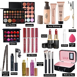 All-In-One Resort Set Full Multi-Purpose Beauty Set Festive Gift Box - Highly Pigmented Palette Combination Lips Facial Brows Eye Makeup Brush for Essential Starter - Full Makeup Kit for Women