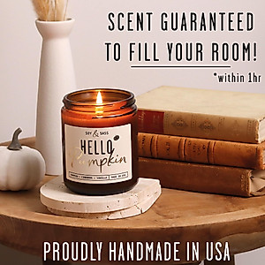 Pumpkin Candle, Fall Candles - 'Hello Pumpkin' Soy Pumpkin Spice Candle I Infused with Essential Oils I Fall Candle Decor, Fall Scented Candle I 9oz Reusable Jar I 50 Hour Burn I Made in USA