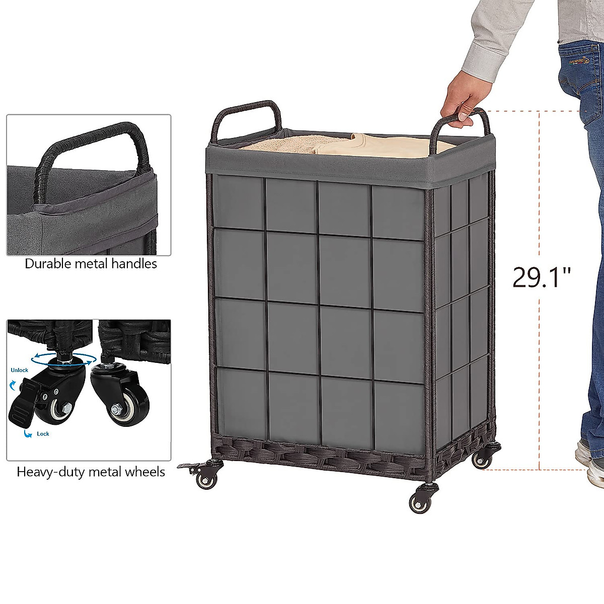 Laundry Hamper with Heavy Duty Rolling Lockable Wheels; Durable Laundry Basket with Detachable Liner Bag; Collapsible Clothes Hamper with Metal Handle (Grey)