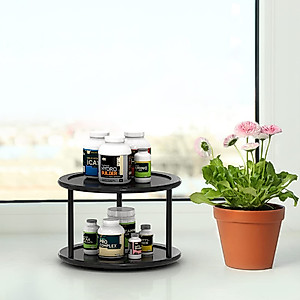 Lazy Susan Spice Rack Organizer - 2 Tier Bamboo Wooden Turntable for Cabinet,10 Inch Black