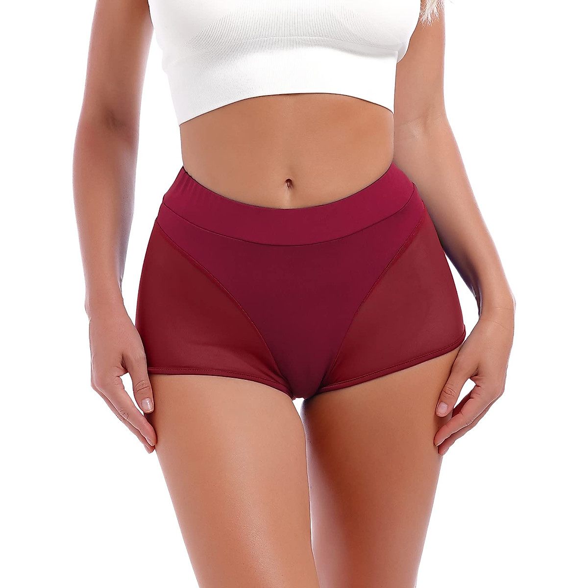 Women High Waist Mesh Tulle Activewear Yoga Dance Shorts Belly Bottoms Rave Booty Shorts Mini Hot Pants Stage Nightclub Clubwear Wine Red XX-Large