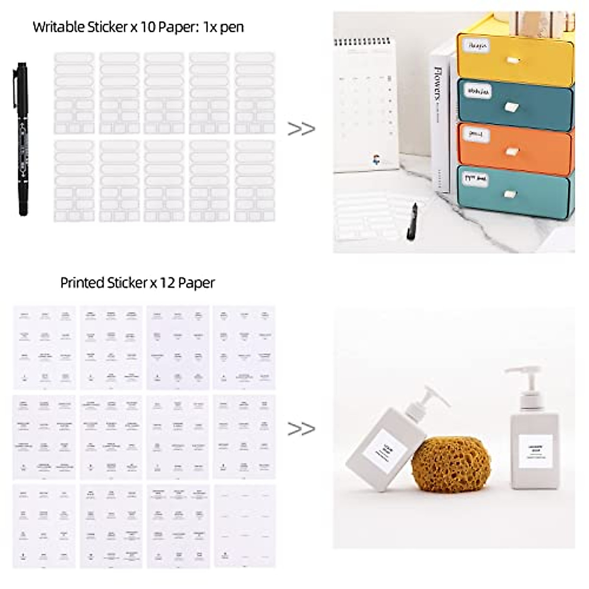 245pcs Home Laundry Cleaning Linens Printed Labels Minimalist Kitchen Bathroom Labels for Storage Easy Read - Writable Waterproof Labels Stickers with Pen(Jars not Included )