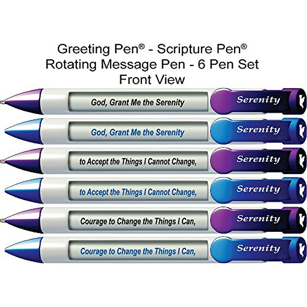 Greeting Pen Serenity Prayer Inspirational Purple and Blue Pens with Rotating Messages 6 Pack (36025)