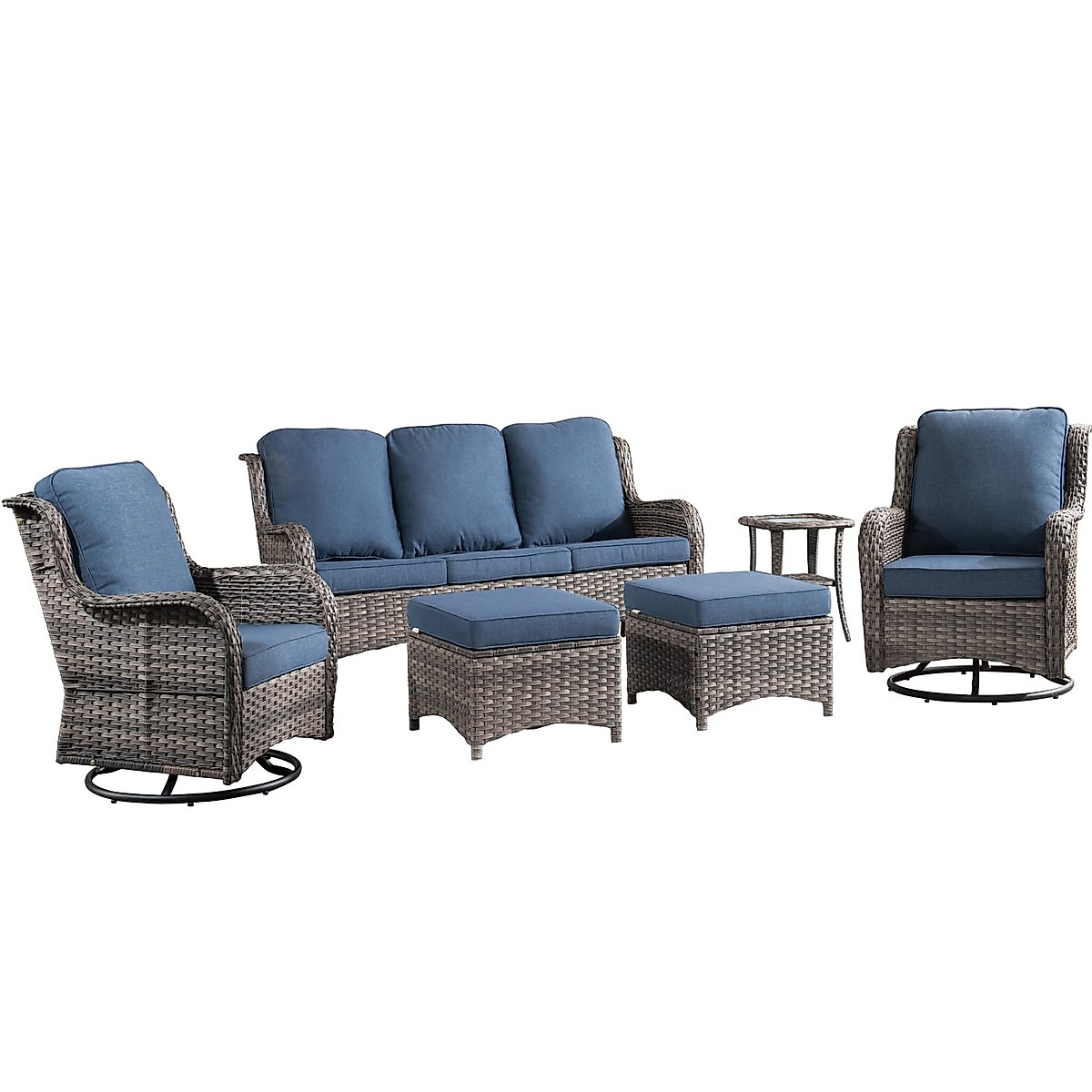 6 Piece Outdoor Patio Furniture Set Wicker Conversation Bistro Set Swivel Rocking Chairs with Side Table and Ottomans for Backyard, Porch, Balcony,Grey Wicker Denim Blue